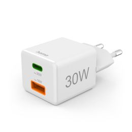Hama Schnelllade-Ger&auml;t "Schnelladeger&auml;t, 1x USBC, 1x USB-A, 30W, PD, Qualcomm Quick Charge ", B:3,4cm H:2,9cm T:3,5cm, wei&szlig;, Ladeger&auml;te