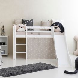 Hochbett Hoppekids, B:81cm H:9cm L:168cm, weiß, Bett: 100% Massivholz, Nordische Kiefer;Rutsche: MDF;Vorhang: 100% Baumwolle;Matratze: