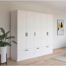 Drehtürenschrank Rauch, B:225cm H:210cm T:54cm, weiß, Holzwerkstoff, Schränke, "Kleiderschrank Schrank Garderobe Wäscheschrank BARI", mit Schubkästen