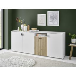 Sideboard Inosign, B:200cm H:80cm T:42cm, weiß, Holzwerkstoff, Wohnzimmer, Sideboards, "Hudson", in moderner Trendfarbe, Griffe aus Metall (Schwarz),