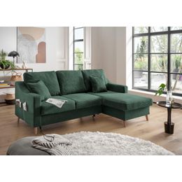 Ecksofa Inosign, B:228cm H:94cm T:150cm, grün, 100% Polyester, Wohnzimmer, Sofas, "Valentina L-Form", 2 Zierkissen, mit Seitentasche, ausziehbarer