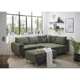 Ecksofa, B:249cm H:94cm T:175cm, gr&uuml;n, ED EXCITING DESIGN, 92% Polyester, 8% Polyamid, Wohnzimmer, Sofas, "Calanda L-Form", mit Hocker & 3 Zierkissen
