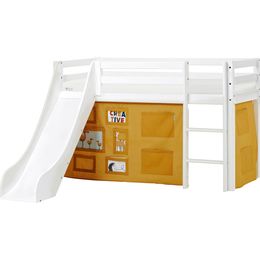 Hochbett Hoppekids, B:81cm H:9cm L:168cm, weiß, Bett: 100% Massivholz, Nordische Kiefer;Rutsche: MDF;Vorhang: 100% Baumwolle;Matratze: