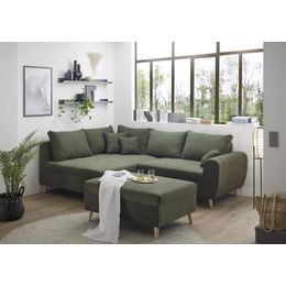 Ecksofa, B:249cm H:94cm T:175cm, gr&uuml;n, ED EXCITING DESIGN, 92% Polyester, 8% Polyamid, Wohnzimmer, Sofas, "Calanda L-Form", mit Hocker & 3 Zierkissen