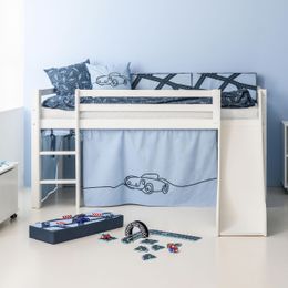 Hochbett Hoppekids, B:101cm H:9cm L:208cm, weiß, Bett: 100% Massivholz, Nordische Kiefer;Rutsche: MDF;Vorhang: 100% Baumwolle;Matratze: