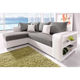 Ecksofa Collection AB, B:226cm H:80cm T:160cm, weiß, Wohnzimmer, Sofas, "John L-Form", Regalarmlehne,Bettfunktion,Bettkasten,Ottomane beiseitig