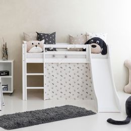Hochbett Hoppekids, B:81cm H:9cm L:168cm, weiß, Bett: 100% Massivholz, Nordische Kiefer;Rutsche: MDF;Vorhang: 100% Baumwolle;Matratze: