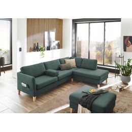 Ecksofa, B:255cm H:82cm, grün, ATLANTIC HOME COLLECTION, Wohnzimmer, Sofas, "Mailo L-Form", mit Seitentaschen und Ottomane, mit Massivholzfüßen