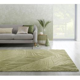 Wollteppich FLAIR RUGS, B:160cm H:10mm L:230cm, gr&uuml;n, Wolle, Wohnzimmer, Teppiche, "LINO LEAF", Hoch-Tief Effekt
