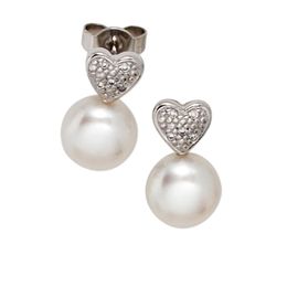 Jobo Damen Perlenohrringe "Herz-Ohrringe mit 2 Perlen und 10 Diamanten", P1 = bei 10-facher Vergr&ouml;&szlig;erung erkennbare Einschl&uuml;sse, Diamanten Perlen
