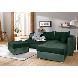 Ecksofa Collection AB, B:217cm H:42cm T:182cm, grün, 100%Polyester, Wohnzimmer, Sofas, "Italia L-Form", mit Bettfunktion und Bettkasten, in Cord-Samt