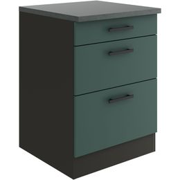 Unterschrank Optifit, B:60cm H:84,8cm T:60cm, grün, Spanplatte, Küche, Schränke, "Palma", Breite 60 cm, mit 3 Schubkästen