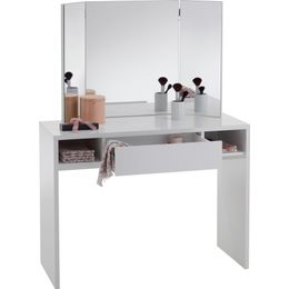 Schreibtisch FMD, B:100cm H:135,7cm T:41,5cm, weiß, Büro, Tische, "Schminki", mit dreiteiligem Faltspiegel und Schublade