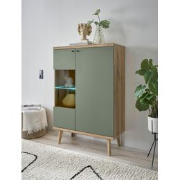 Vitrine Inosign, B:90cm H:134cm T:40cm, grün, Wohnzimmer, Schränke, "MAVAS", in moderner Trendfarbe, Giffe aus Metall (Schwarz), Höhe 134 cm