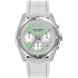Jacques Lemans Damen Chronograph "Monte Carlo", weiß, Armbanduhren, Quarzuhr, Armbanduhr, Damenuhr, Datum, Stoppfunktion, Lederarmband