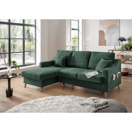 Ecksofa Inosign, B:228cm H:94cm T:150cm, grün, 100% Polyester, Wohnzimmer, Sofas, "Valentina L-Form", 2 Zierkissen, mit Seitentasche, ausziehbarer