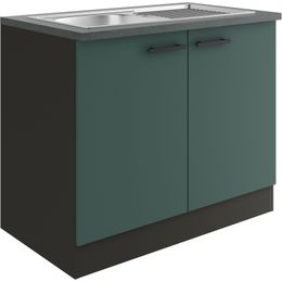 Spülenschrank Optifit, B:100cm H:84,8cm T:60cm, grün, Spanplatte, Küche, Schränke, "Palma", Breite 100 cm, inklusive Einbauspüle