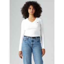 Levi's LEVI'S Damen Langarmshirt "ESSENTIAL HM LS VNECK", weiß, Gr. M, unifarben, Single Jersey, Obermaterial: 100% Baumwolle, Shirts, mit Logo Stickerei
