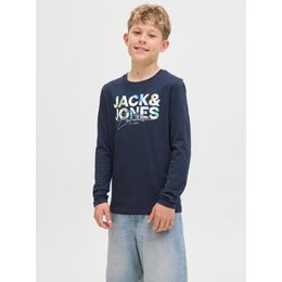 Jack & Jones Jungen Langarmshirt "JJGEPLAS TEE LS CREW NECK JNR", blau, Gr. 164, JACK & JONES JUNIOR, bedruckt, Single Jersey, Obermaterial: 100% Baumwolle, Shirts