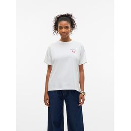 Véro Moda T-Shirt VERO MODA "VMAYA CATY SS TOP BOX JRS GA", Damen, Gr. S, weiß (snow weiß print:tomato), Jersey, Obermaterial: 100% Baumwolle, bedruckt, oversize normal, Rundhals, Shirts