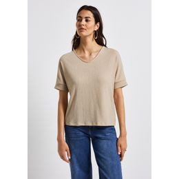 T-Shirt Street One, Damen, Gr. 36, beige (coastal beige), Stoff, Vorderseite: 99% Polyester, 1% Elasthan; R&uuml;ckseite: 96% Viskose, 4% Elasthan, unifarben, comfort fit normal, V-Ausschnitt, B&uuml;ndchen, Shirts T-Shirt, Jersey