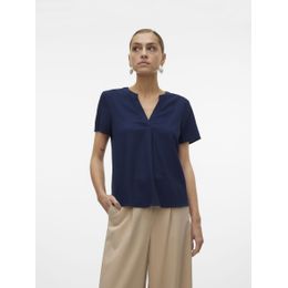 Véro Moda VERO MODA Damen Blusenshirt "VMMYMILO SS V-NECK TOP WVN GA", blau, Gr. M, unifarben, Web, Obermaterial: 55% Viskose, 45% Leinen, Shirts, mit Leinen