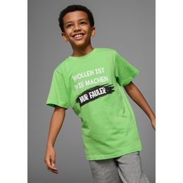 Kidsworld Jungen T-Shirt "Mit Spruch: WOLLEN IST WIE MACHEN....", grün, Basic, Gr. 128, bedruckt, Jersey, Obermaterial: 100% Baumwolle, Shirts,