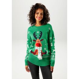 Aniston CASUAL Damen Weihnachtspullover, gr&uuml;n, Gr. 46, Jacquardmuster, gemustert, Strick, Obermaterial: 100% Polyacryl, Pullover, mit Bommel-Nase und
