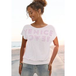 Venice Beach Damen Rundhalsshirt, wei&szlig;, Gr. 36, mehrfarbig, Slub, Obermaterial: 65% Polyester, 35% Viskose, Shirts, mit Logoprint, T-Shirt,