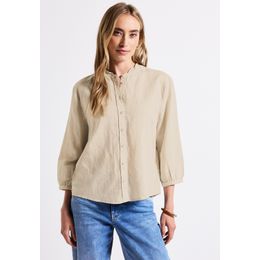Rüschenbluse Street One, Damen, Gr. 42, beige (moonstone sand), Web, 60% Leinen, 40% Baumwolle, unifarben, normal normal, Rundhals, Manschette, Blusen, farbig