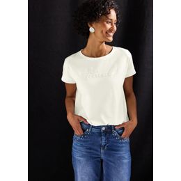 Street One Damen Shirttop, wei&szlig;, Gr. 34, bestickt, Jersey, Obermaterial: 47% Baumwolle, 47% Modal, 6% Elasthan, Tops, mit Wording-Stickerei