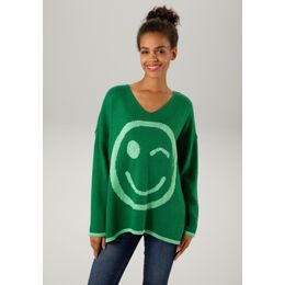 Aniston CASUAL Damen Strickpullover, grün, Gr. 44, gemustert, Strick, Obermaterial: 100% Polyacryl, Pullover, mit eingestricktem Smiley