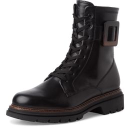 Tamaris Damen Schnürboots, Gr. 36, schwarz, Glattleder, unifarben, Schuhe, Blockabsatz, Schnürstiefelette mit auffälliger Zierschnalle