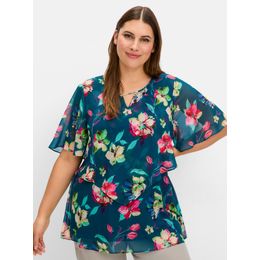 sheego Damen Longbluse, grün, Gr. 52, geblümt, gemustert, 95% Viskose, 5% Elasthan, Blusen