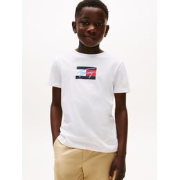 Tommy Hilfiger Jungen T-Shirt "TOMMY SCRIPT FLAG PRINT TEE SS", weiß, Gr. 3, unifarben, Single Jersey, Obermaterial: 100% Baumwolle, Shirts, für
