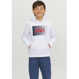 Jack & Jones Jungen Kapuzensweatshirt "JJECORP LOGO SWEAT HOOD PLAY NOOS JNR", weiß, Gr. 140, JACK & JONES JUNIOR, bedruckt, angeraute Sweatware, Obermaterial:
