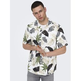 Only & Sons ONLY & SONS Herren Hawaiihemd "ONSWAYNE LIFE AOP SS VISCOSE SHIRT NOOS", weiß, Gr. M, gemustert, Web, Obermaterial: 100% Viskose, Hemden
