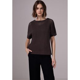 T-Shirt STREET ONE STUDIO, Damen, Gr. 34, braun (plummy braun), Web, 97% Baumwolle, 3% Elasthan, Strukturmuster, comfort fit normal, U-Boot-Ausschnitt, B&uuml;ndchen, Shirts T-Shirt, aus Baumwolle mit Stretchante