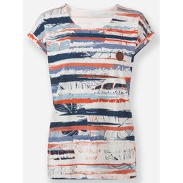 WITT Damen Print-Shirt mit vorne abgerundetem Saum, dunkelblau-papaya-bedruckt, Gr&ouml;&szlig;e 44