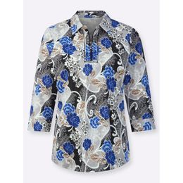 WITT Damen Poloshirt mit Glitzersteinchen, steingrau-royalblau-bedruckt, Gr&ouml;&szlig;e 44