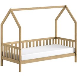 Hausbett Vipack "Cabane, mit Dachaufbau und Sprossenumrandung in Landhaus-Optik", braun (eiche natur, eiche natur, eiche natur), B:98cm H:169cm L:208cm, Betten, sehr stabil und standfest gebaut inkl. Massivholz Rolllattenrost