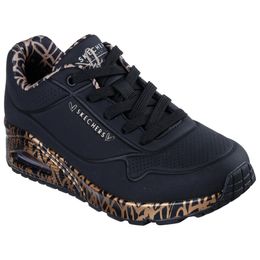 Wedgesneaker Skechers "UNO-LOVING LOVE", Damen, Gr. 35, gold (schwarz, goldfarben), Lederimitat, Schuhe, Freizeitschuh, Halbschuh, Schn&uuml;rschuh mit coolem Graffiti-Print