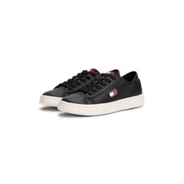 Plateausneaker Tommy Jeans "TJW LIGHTWEIGHT COURT SNEAKER", Damen, Gr. 36, schwarz, Leder, unifarben mit Farbeinsatz, Schuhe, Freizeitschuh, Halbschuh, Schnürschuh mit plakativer Logoflag