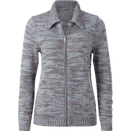 WITT Damen Strickjacke mit geripptem Polokragen, grau-kalkmint-gemustert, Gr&ouml;&szlig;e 38