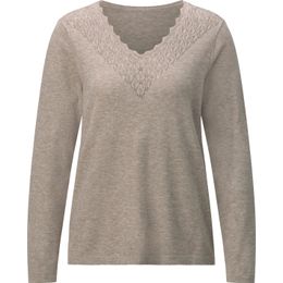WITT Damen V-Ausschnitt-Pullover mit gewellten Kanten, sesam-meliert, Gr&ouml;&szlig;e 54