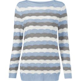 WITT Damen Langarm-Pullover mit Einstrickmuster, eisblau-steingrau-geringelt, Gr&ouml;&szlig;e 38