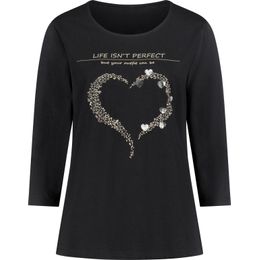 WITT Damen 3/4-Arm-Shirt mit Herz-Motiv, schwarz-beige, Gr&ouml;&szlig;e 48
