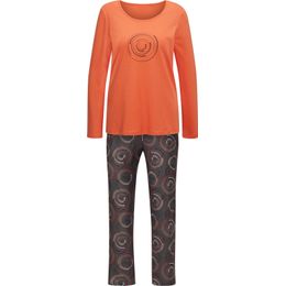 w&auml;schepur w&auml;schepur Damen Schlafanzug mit weitem Rundhals-Ausschnitt, orange-anthrazit-bedruckt, Gr&ouml;&szlig;e 44/46