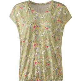 WITT Damen Print-Shirt mit kleinem V und Raffung am Ausschnitt, lindgr&uuml;n-bedruckt, Gr&ouml;&szlig;e 36