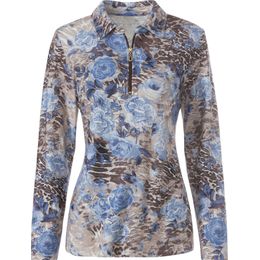 WITT Damen Poloshirt mit Bl&uuml;ten-Tierfell-Muster, bleu-sesam-bedruckt, Gr&ouml;&szlig;e 44